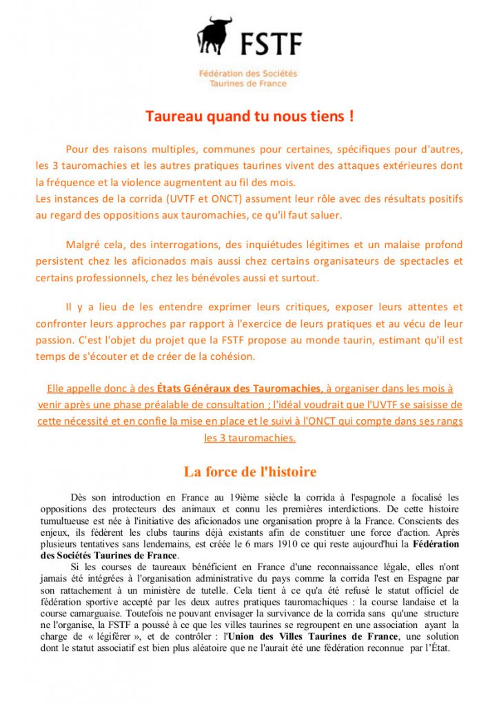 Le manifeste : Taureau quand tu nous tiens - FSTF - Fédération des ...
